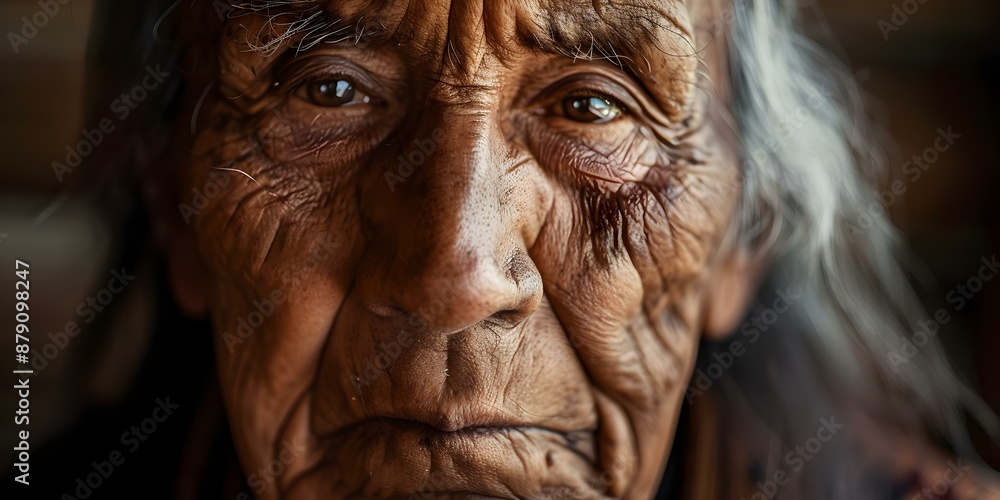 Elderly Native American with profound eyes reflecting a lifetime of challenges against ageism ...