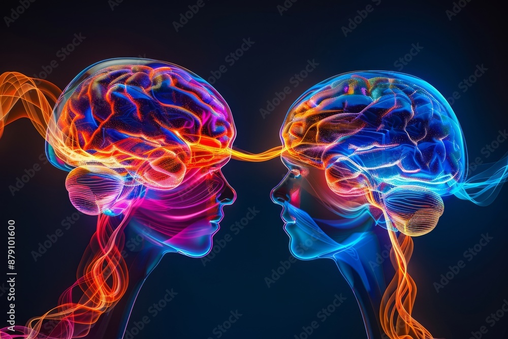 Two human-like figures with illuminated brains connecting through ...
