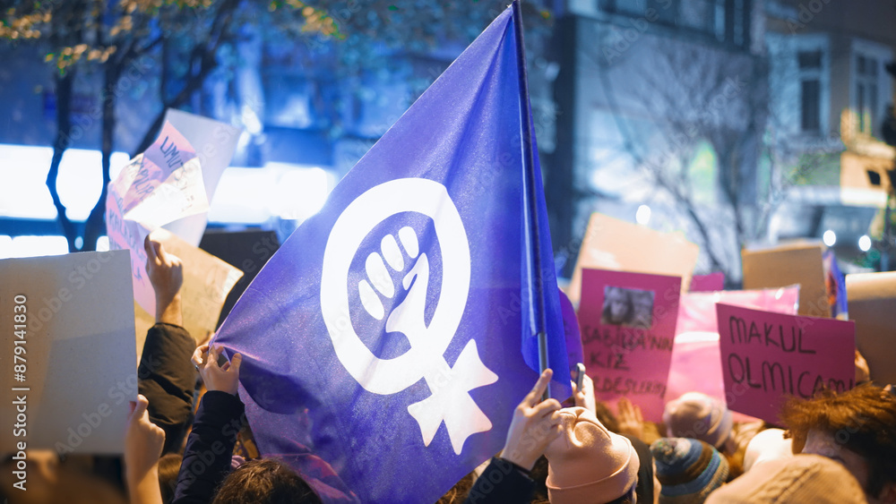 Feminist protester walk night wave flag. 8 march feminism protest ...