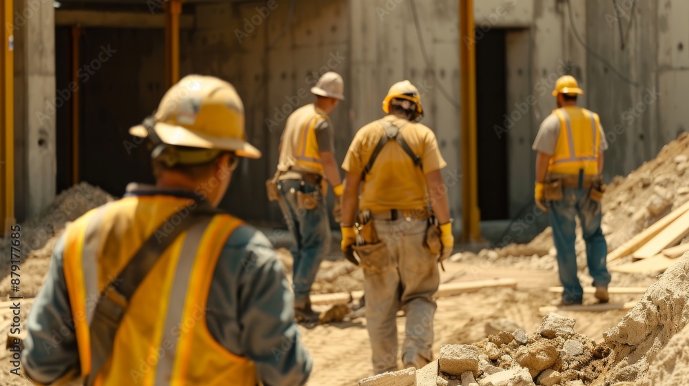 Construction workers on a building site, wearing safety gear and ...