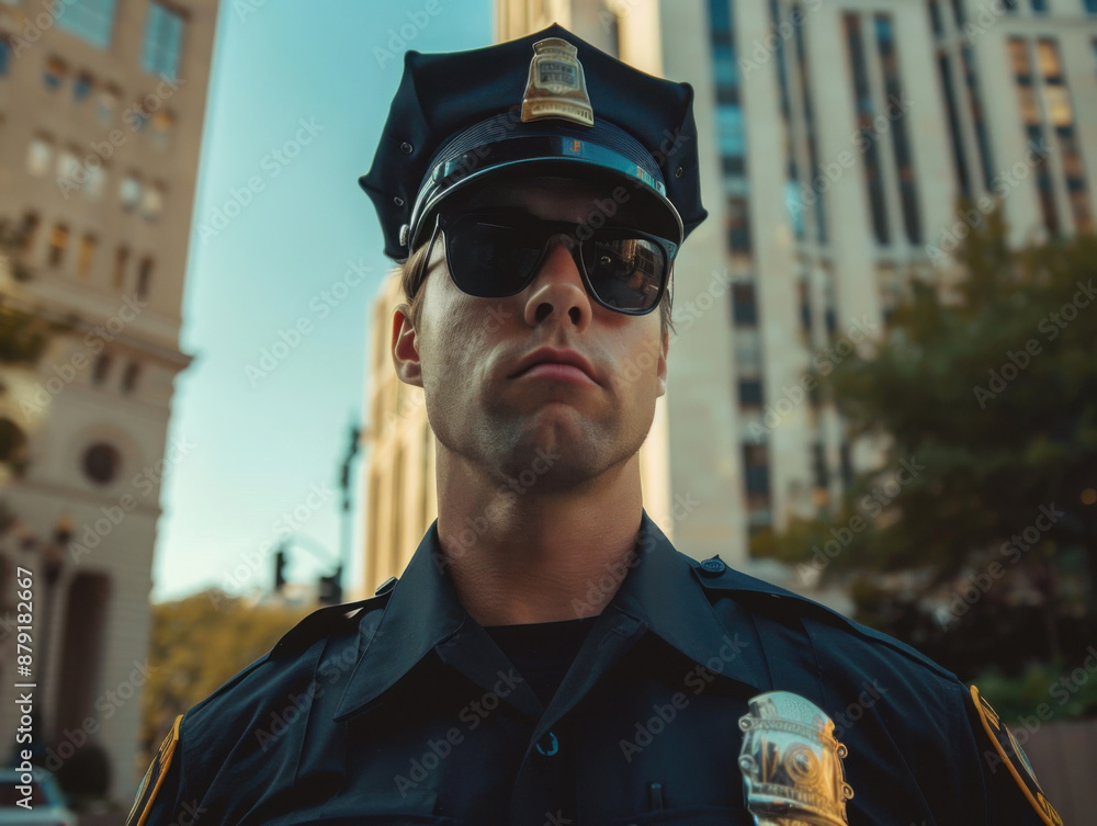 Serious police officer in uniform wearing sunglasses, standing tall in ...