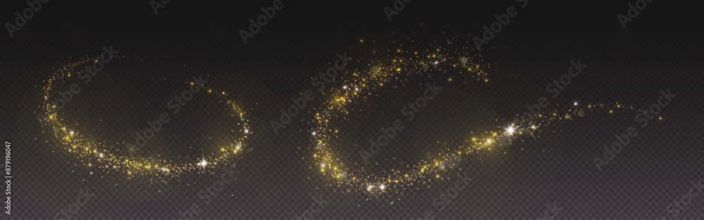Magic gold dust trail with star shaped sparkles on dark transparent ...