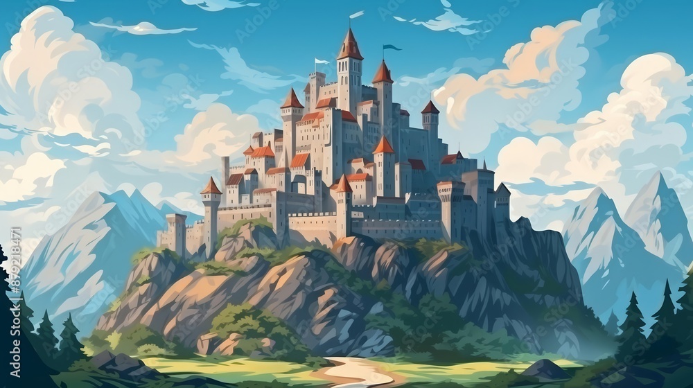 Render a medieval castle with knights and dragons, flat design, front ...