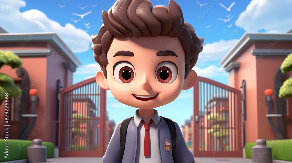 Cartoon student at school gate flat design front view energetic theme ...