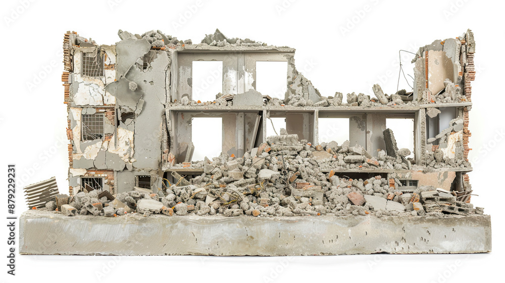 Destroyed Building in Concrete Debris, Isolated on White Background ...