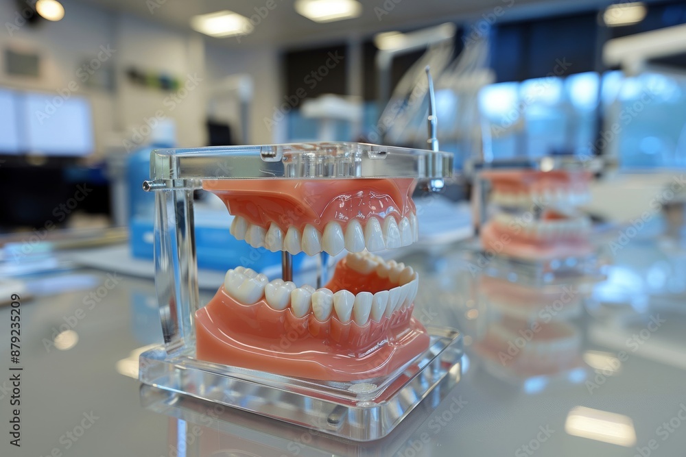 Dental treatment models placed on a table in a dental clinic show teeth ...
