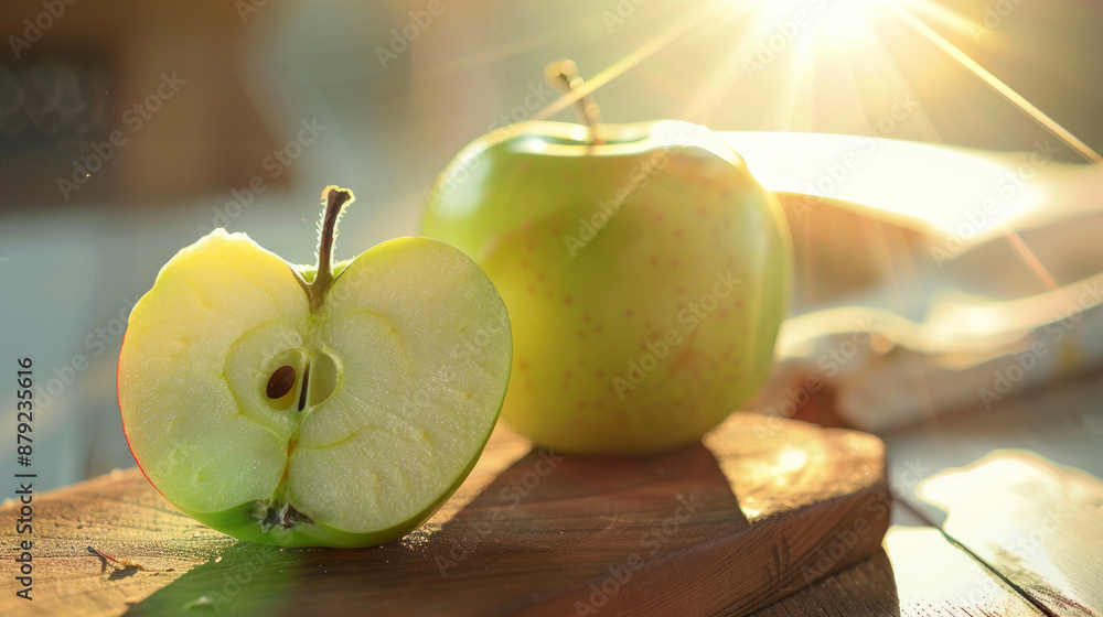 A Granny Smith apple lies on a board, sliced in half. You can see its ...
