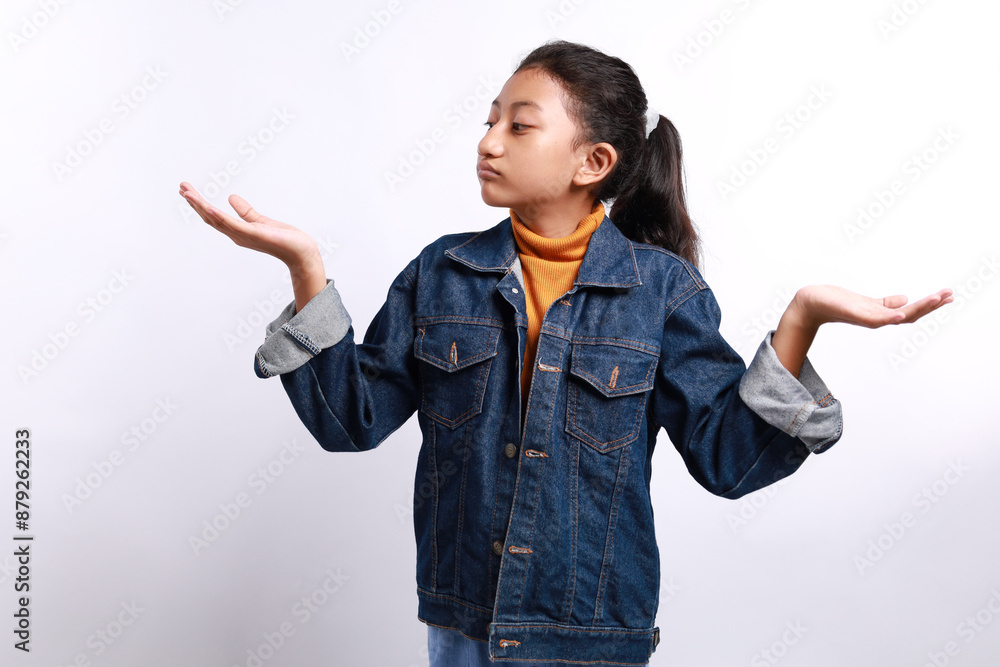 Shrugging Asian little girl in doubt doing shrug showing open palms ...