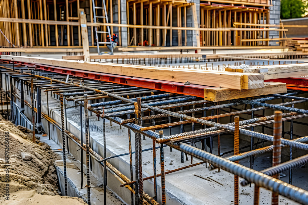 Concrete Formwork And Rebar Steel Framework For A New Home Under Construction Stock