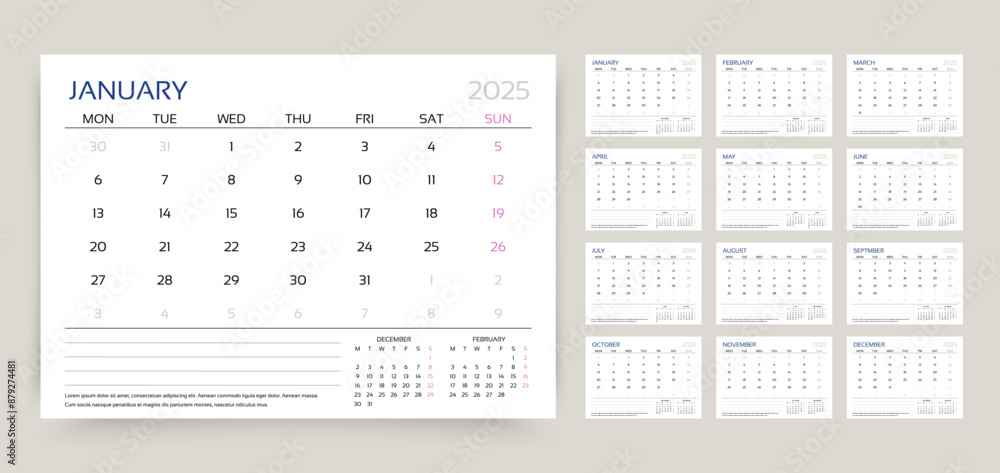2025 calendar. Planner, calender template. Week starts Monday. Yearly ...