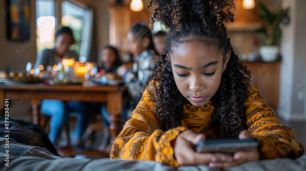 Multiracial teenage girl scrolling her phone, in living room. Behind ...