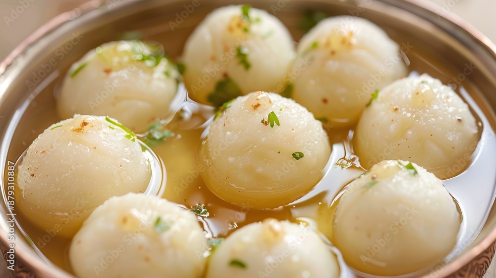 Delicious Bengali rasgulla dessert with soft spongy balls in sweet syrup traditional Indian ...