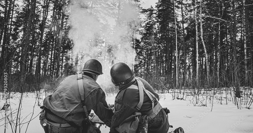 Mortar Shooting Explosions. Back View On Re-enactors Dressed As ...