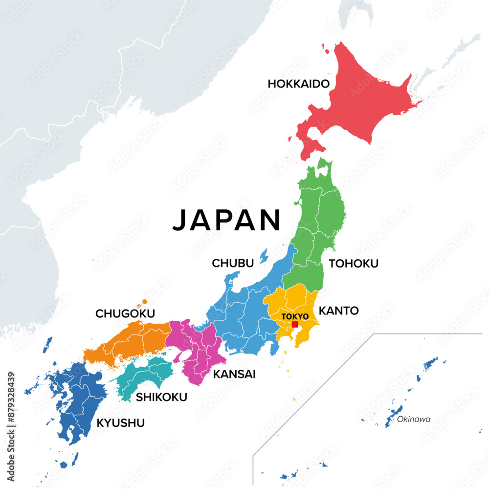 Stock-Vektorgrafik „Regions of Japan, multi colored political map. The ...