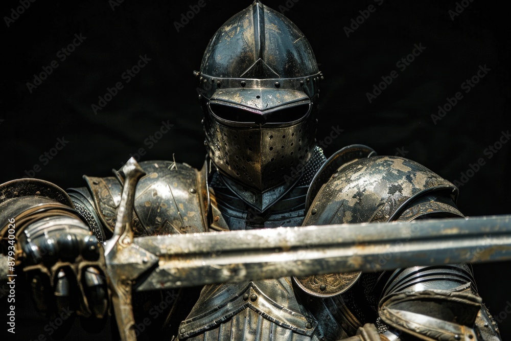 Knight in Armor Holding Sword. Cropped view of Medieval Warrior in ...