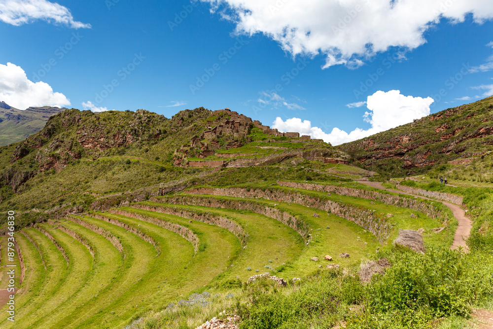 View at the tarraces of Pisac, a Peruvian town in the Sacred Valley of ...