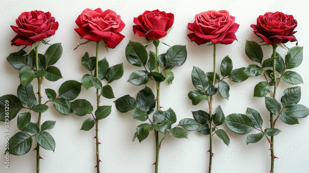 Five long stem red roses are lying on a white background with their ...