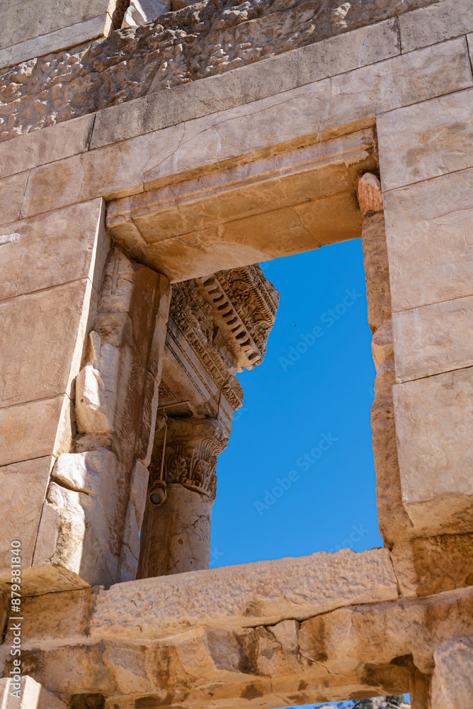 Celsus Library in ancient city Ephesus. Ancient greek inscriptions on ...