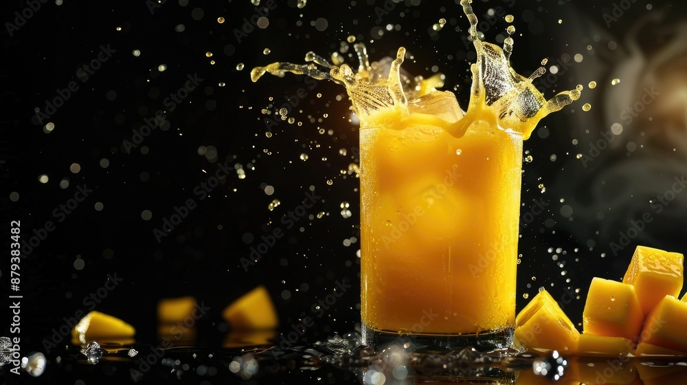 Dynamic splash of mango juice with ice cubes on black backdrop. Ideal ...