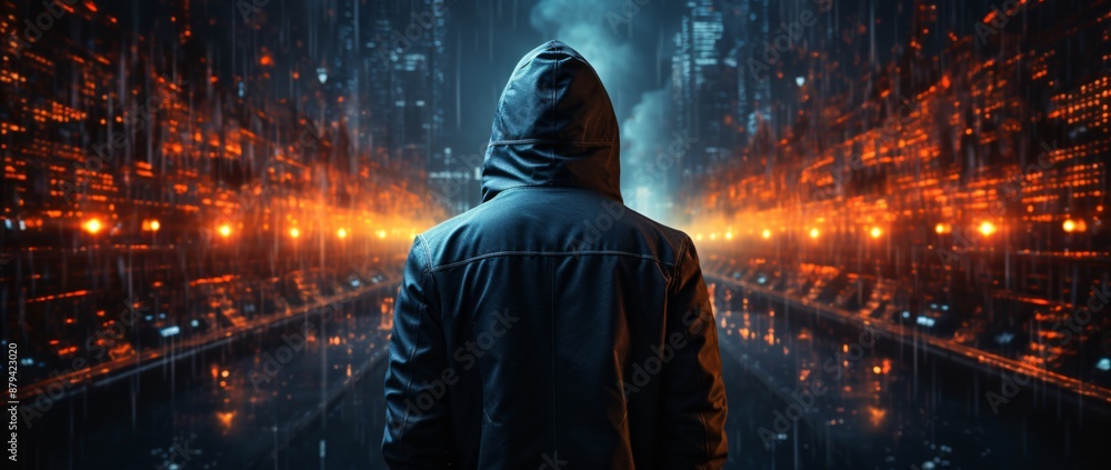 blue digital hacker with glowing binary code, ai in cybersecurity systems, threat detection ...