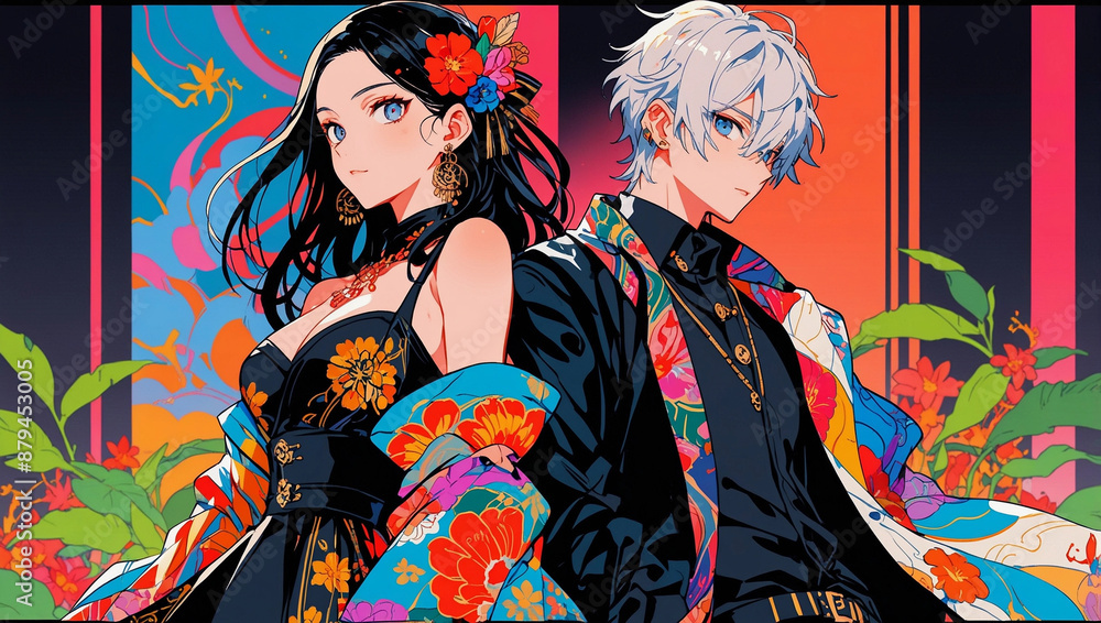 Fancy anime couple wearing trendy fashion glamour clothes having ...
