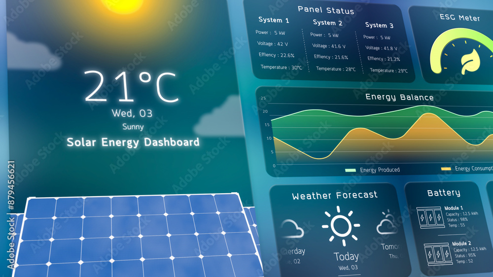 Stock-Illustration „Solar power monitoring system, digital infographic data of green energy ...