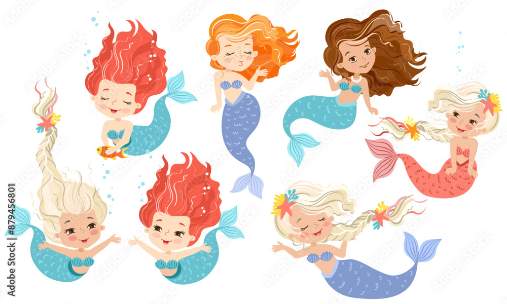 Hand drown vector illustration of Beautiful Girl Mermaids different ethnicity. Set of isolated ...