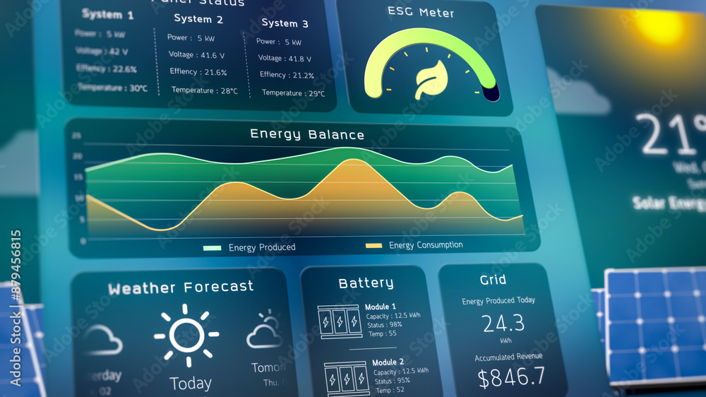 Solar power monitoring system, digital infographic data of green energy ...
