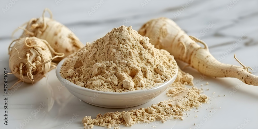 Peruvian Maca powder isolated white and nutritional resembling ginseng ...