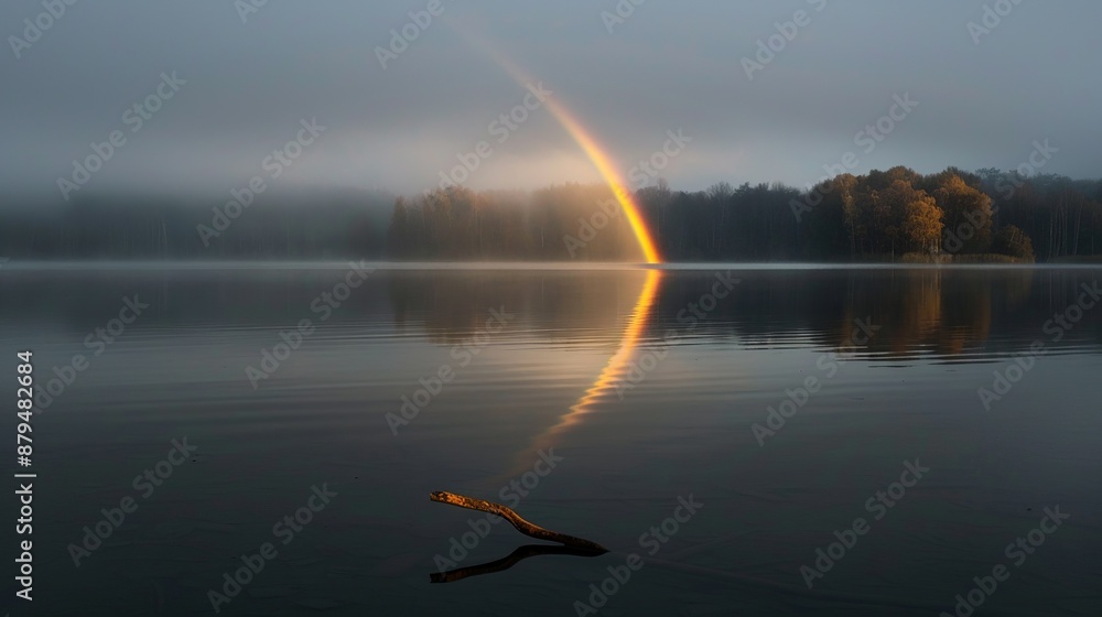 Rainbow reflections on a calm lake surface creating a magical scene of ...