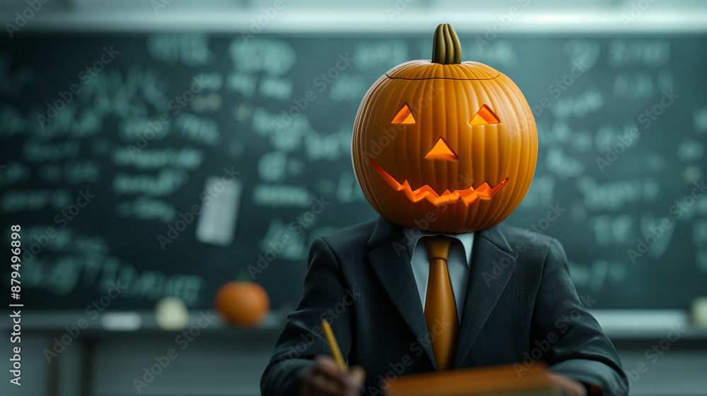 surreal Halloween scene of a teacher with a pumpkin head, writing ...