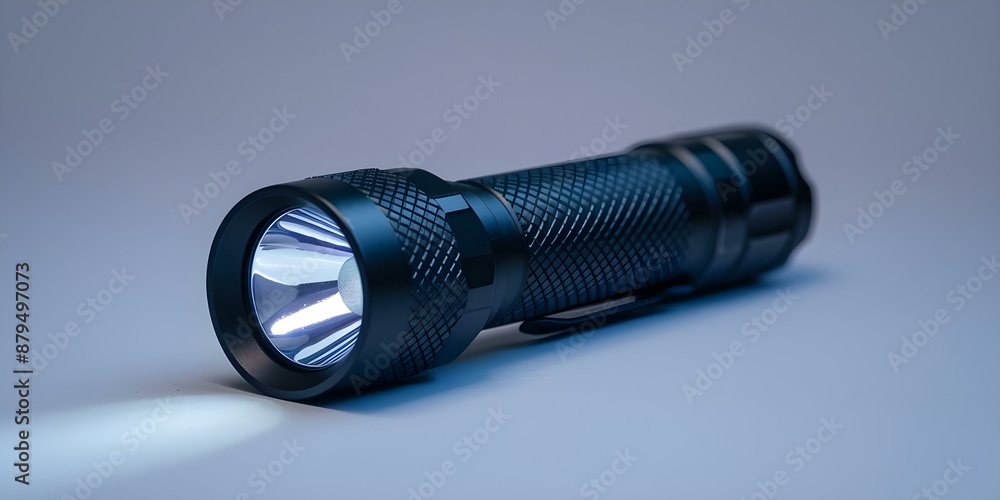 Black tactical flashlight on white backdrop for product photography or ...