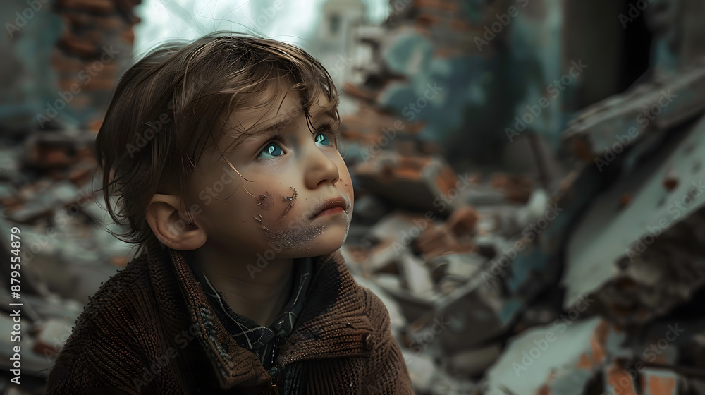 small crying child in damaged city house ruins suffering from ...