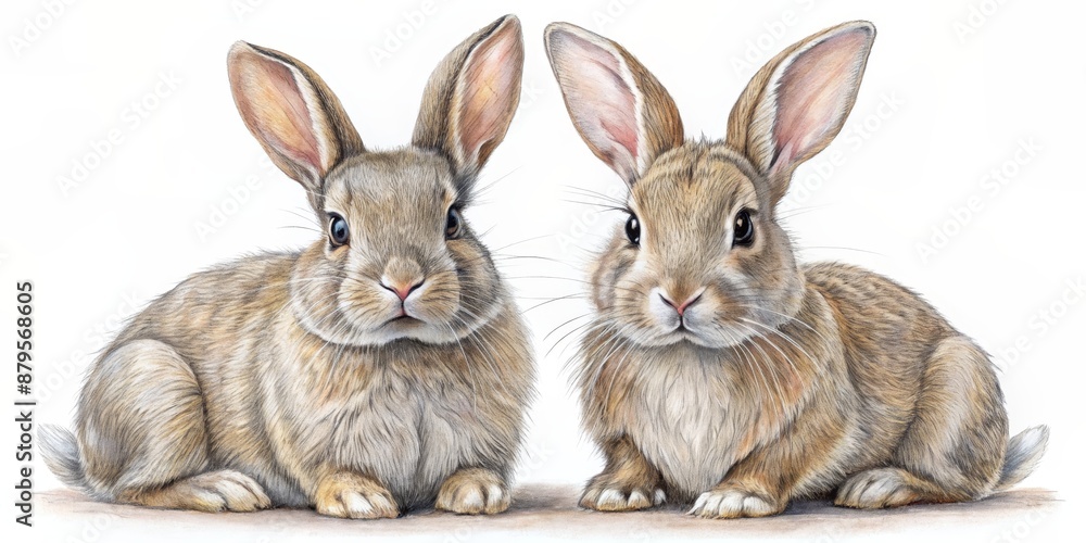 Two Bunnies, Colored Pencil Drawing, Realistic Rabbits, Sitting Side by ...