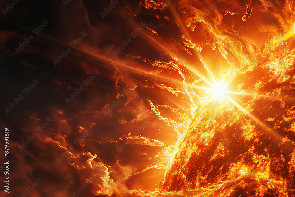 Molten surface of the sun with a solar flare from the star producing ...
