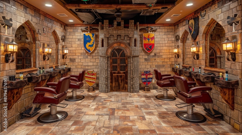 Medieval barbershop with stone walls, arched doorways, and wooden ...