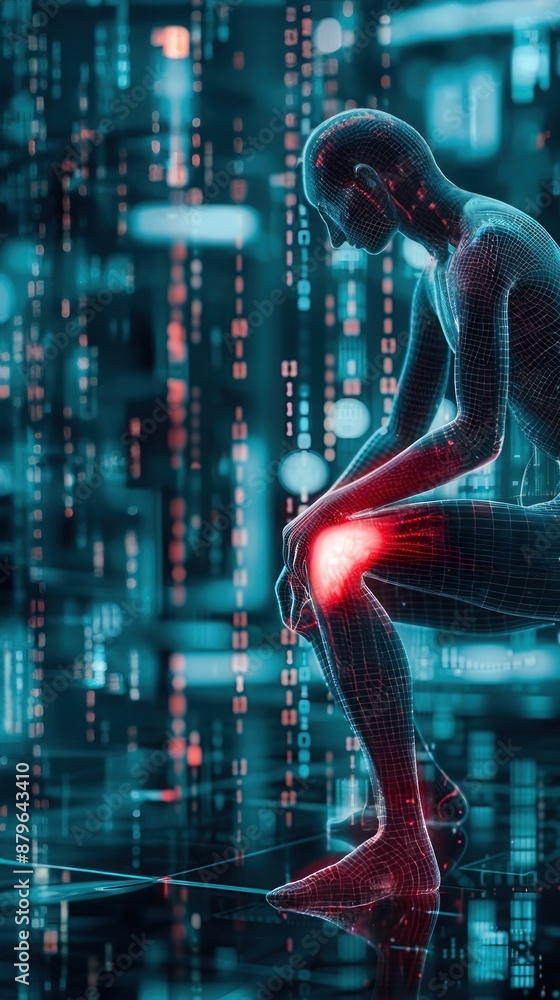 Human with glowing red pain knee surrounded aura computer code binary ...