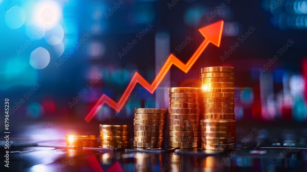 Rising gold coin stacks with a growing red arrow graph, representing ...