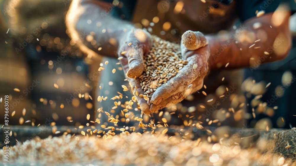 Farmer preparing a sustainable mix of distillers grains, clover, oats ...