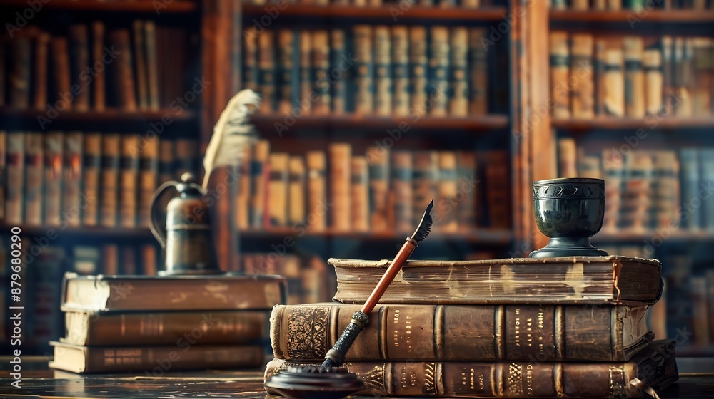 Old books quill pen and vintage inkwell on wooden desk in old library ...
