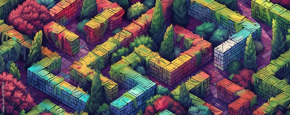 A pixel art rendition of a pixelated maze with winding paths and hidden ...
