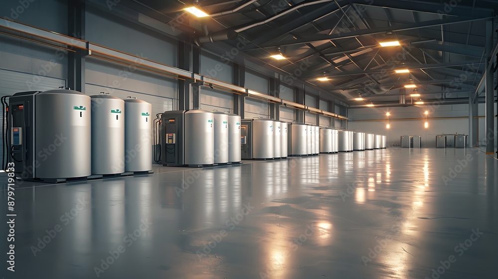 Rows of futuristic high-capacity batteries in an industrial warehouse ...