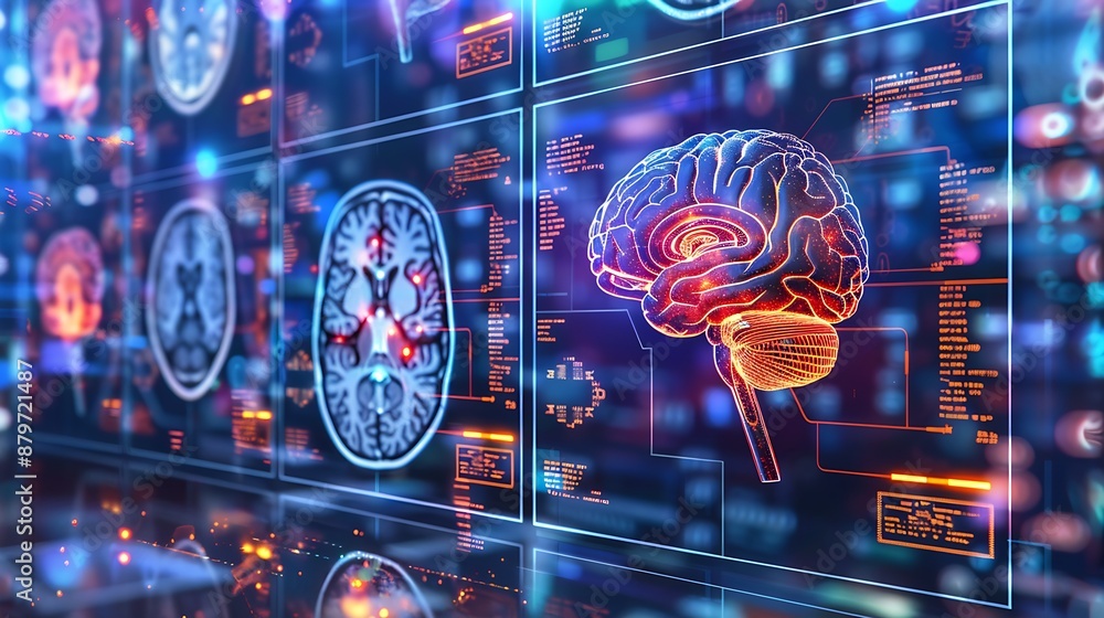 Brain scan images on futuristic transparent displays with glowing neural activity, signifying ...