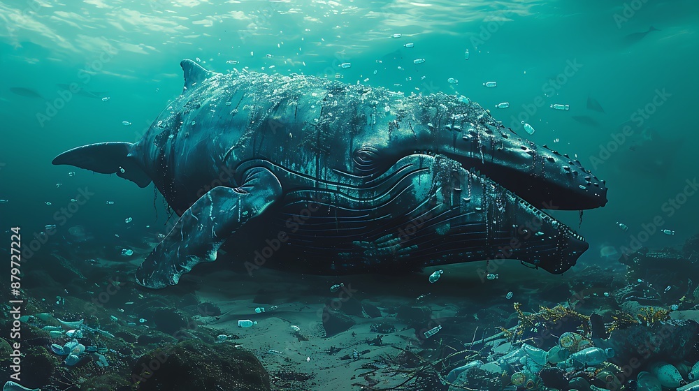 Whale eating garbage and plastic bottles on a trash island, conveying ...