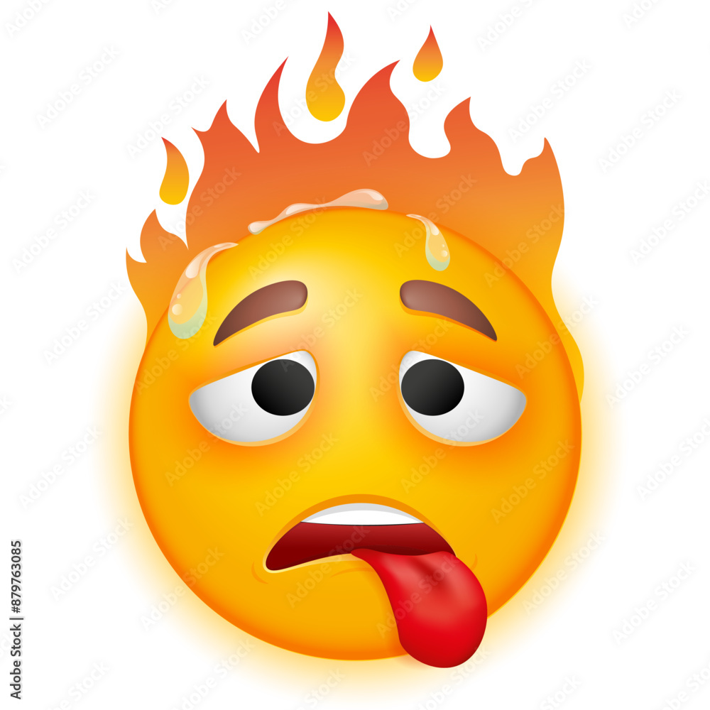 Hot emoji with flame. Overheated sweating emoticon with tongue. Vector ...