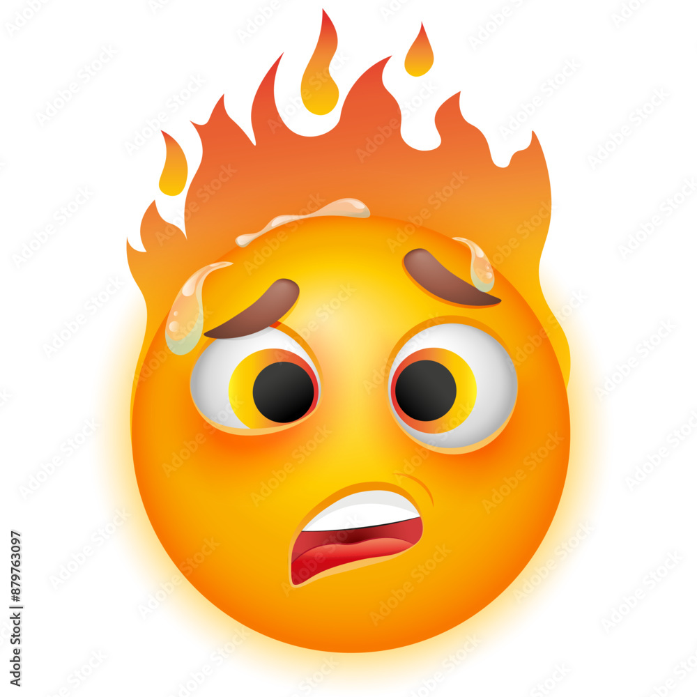 Hot emoji with flame. Overheated emoticon. Vector emoji on white ...