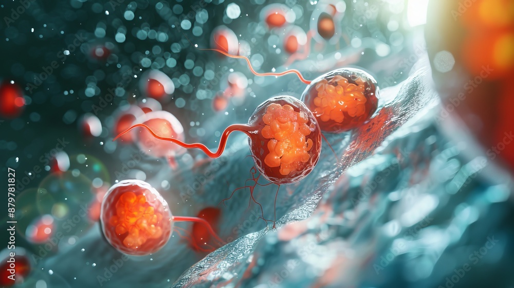 Microscopic view of sperm cells actively moving towards an ovum ...