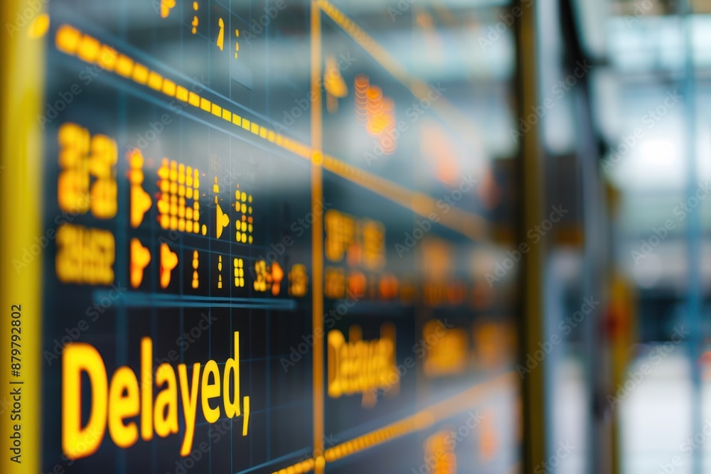 Closeup of airport information board with flight delays. Stock Photo ...