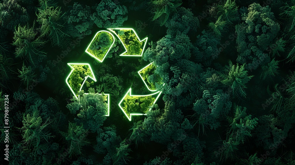 Green recycling symbol forest. Glowing recycle sign in a forest ...