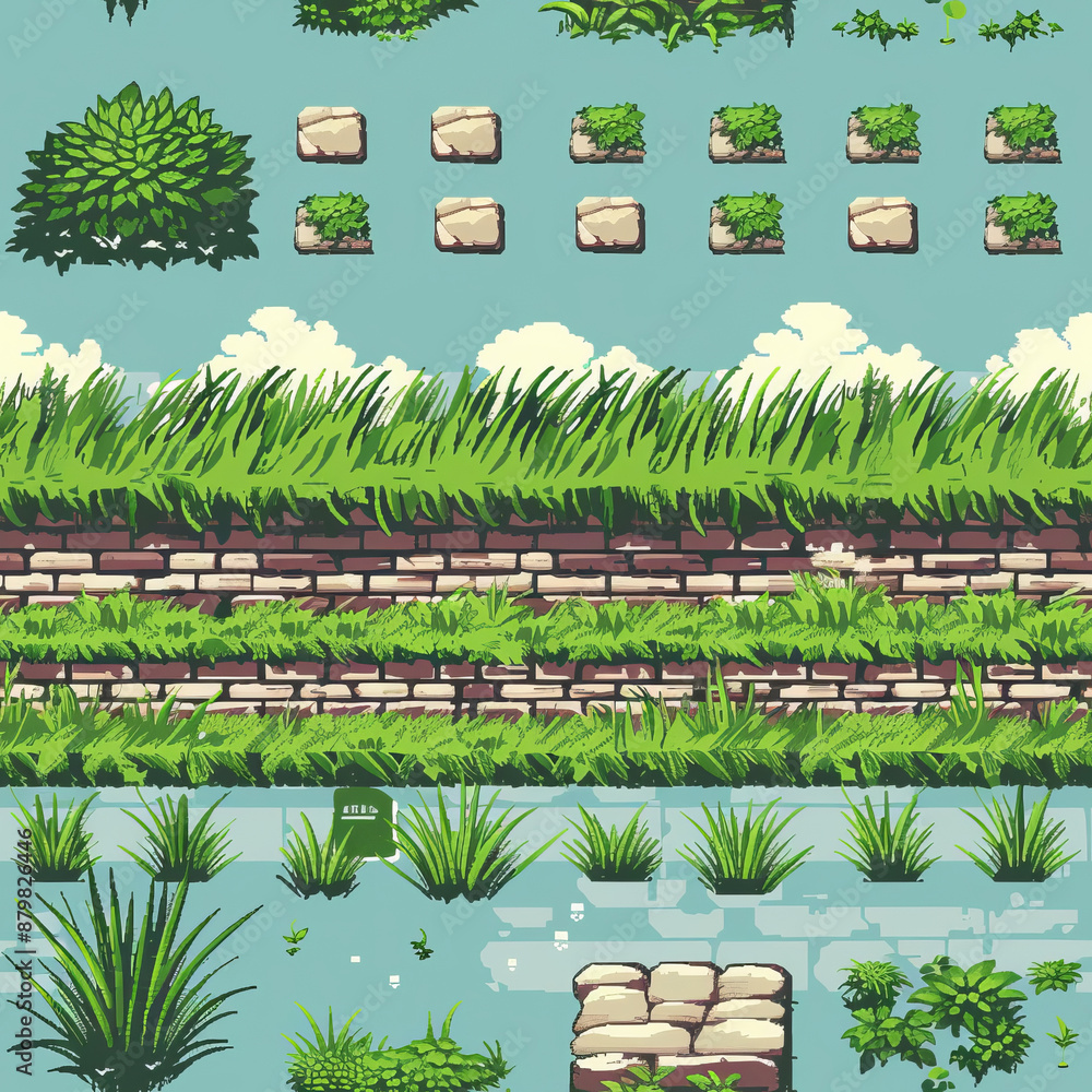 16-bit pixel art, grass tileset, sprite, sprite sheet.generative ai Stock Illustration | Adobe Stock
